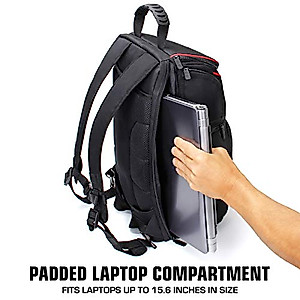 USA GEAR DSLR Camera Backpack Case - 15.6 inch Laptop Compartment, Padded Custom Dividers, Tripod Holder, Rain Cover, Long-Lasting Durability and Storage Pockets - Compatible with Many DSLRs (Red)