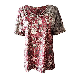 Modedress Summer Tops for Women Basic Short Sleeve T Shirt Casual Loose Print Tunic Top Crewneck Comfy Ladies Blouse, Red