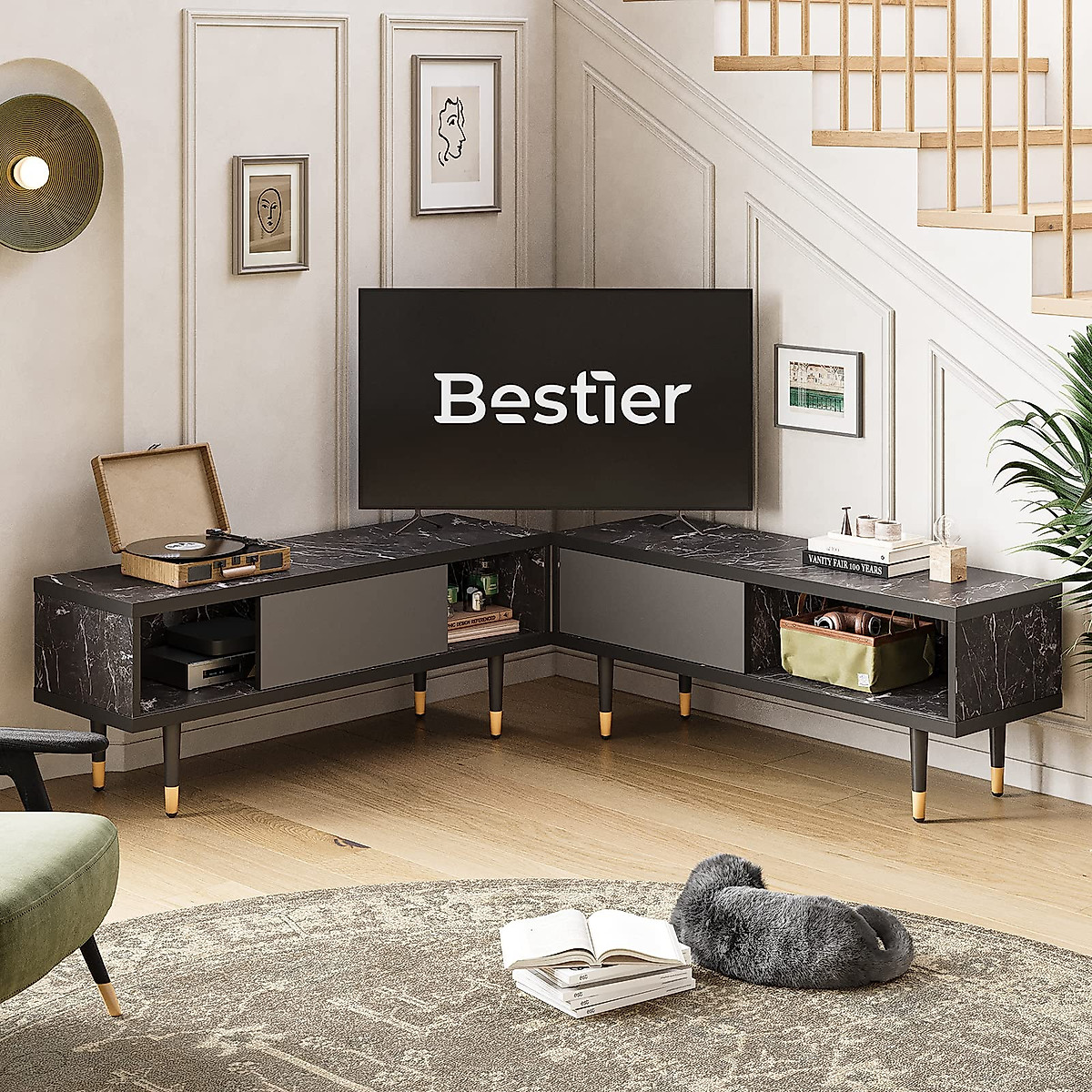Bestier Mid Century Modern TV Stand for 85 inch tv, Entertainment Center with Storage and Sliding Doors, 2 in 1 Long TV Cabinet for Living Room, Black Marble
