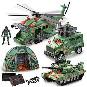 JOYIN Military Reconnaissance Vehicle Toy Set of Friction Powered Helicopter, Tank, Armored Car with Light and Sound, Motorcycle, Camp and Army Figures, Realistic Military Vehicle Playset for Kids