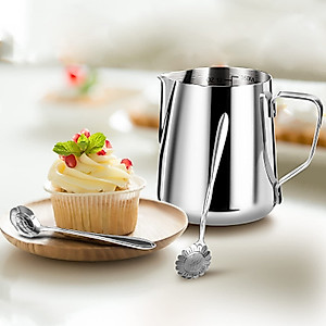 Milk Frothing Pitcher, Espresso Steaming Pitcher 12oz, Espresso Machine Accessories, Stainless Steel Milk Coffee Cappuccino Barista Steam Pitchers Milk Jug Cup with Spoons