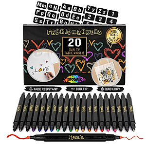 Mosaiz Dual Tip Fabric Markers, 20 Chisel and Fine Tip Markers Fabric Paint Pens for Fabric Decorating with Gold and Silver Colors including Numbers and Letter Stencils