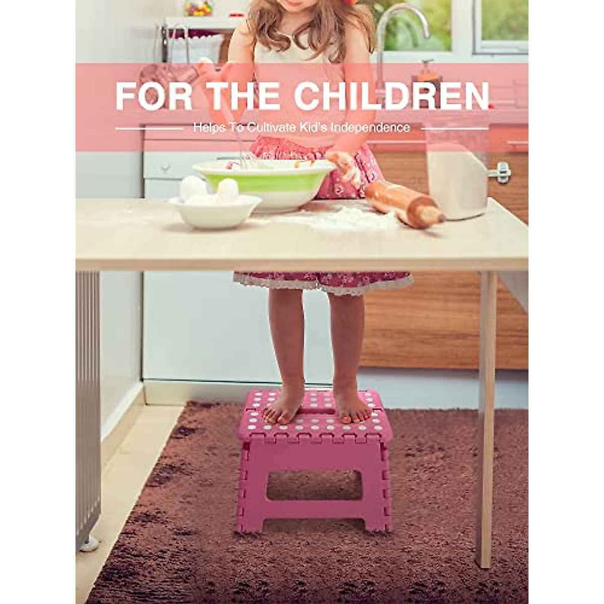 Dyforce Folding Step Stool 9", Durable Kids Step Stool, Heavy Duty Step Stools for Adults, Compact Foot Stools, Light-Weight Toddler Step Stool for Kitchen, Bathroom, Holds Up to 300 lbs (Pink)