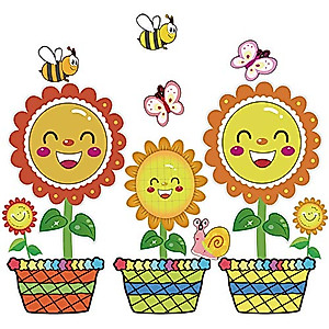 22 Pcs Spring Bulletin Board Decorations Flowers Bee Bulletin Board Cutouts Set Colorful Sunflower Butterfly Bee Snail Flower Pots Cutouts with Glue Point Dots for Classroom Chalkboard Wall Decor