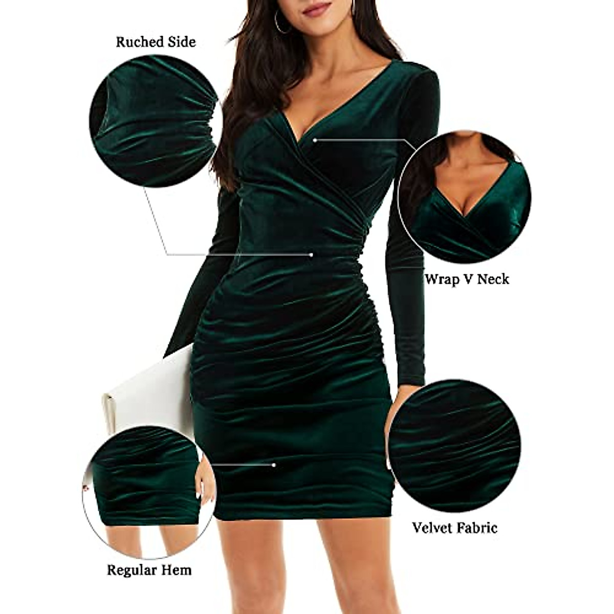 FENSACE Long Sleeve Dress Emerald Green Cocktail Wedding Guest Dresses for Women Fall(Green,Large)