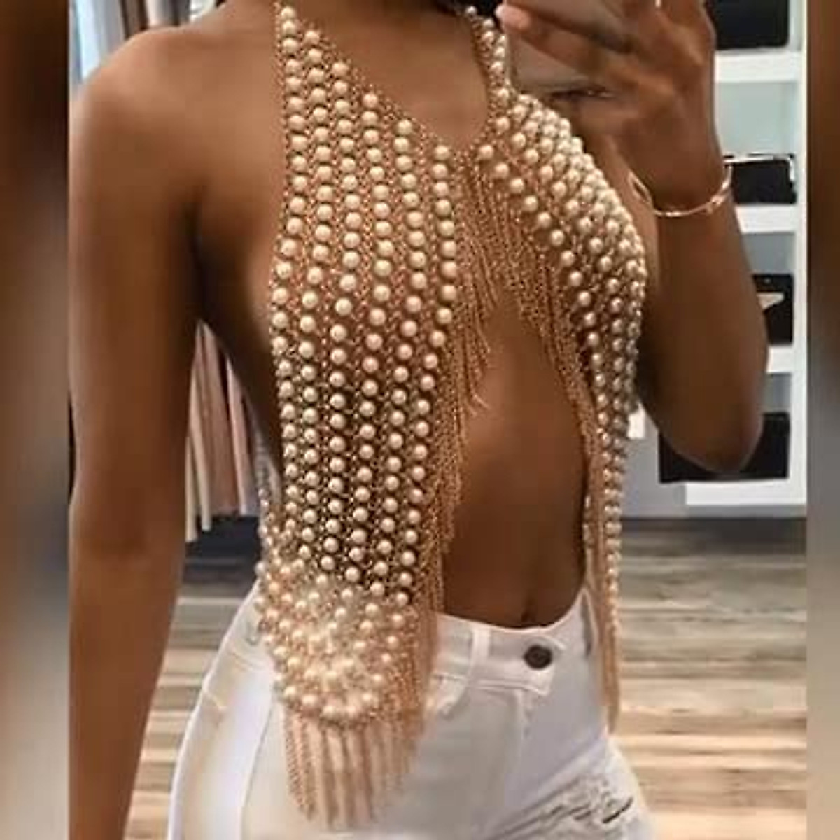 Foyte Sexy Pearl Tassels Body Chains Summer Bikini Gold Body Chain Beach Bra Body Chain Sparkly Body Accessorices for Women and Girls (Pearl)