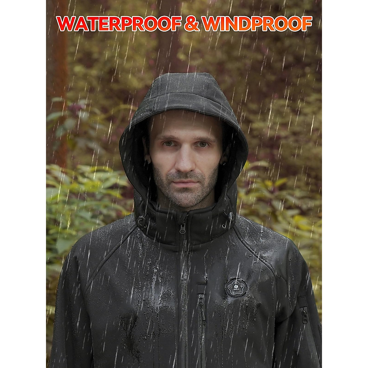 KOPLO Heated Jacket for Men, 14400mAh Battery Pack with Detachable Hood, Waterproof Outdoor Heating Jacket-L