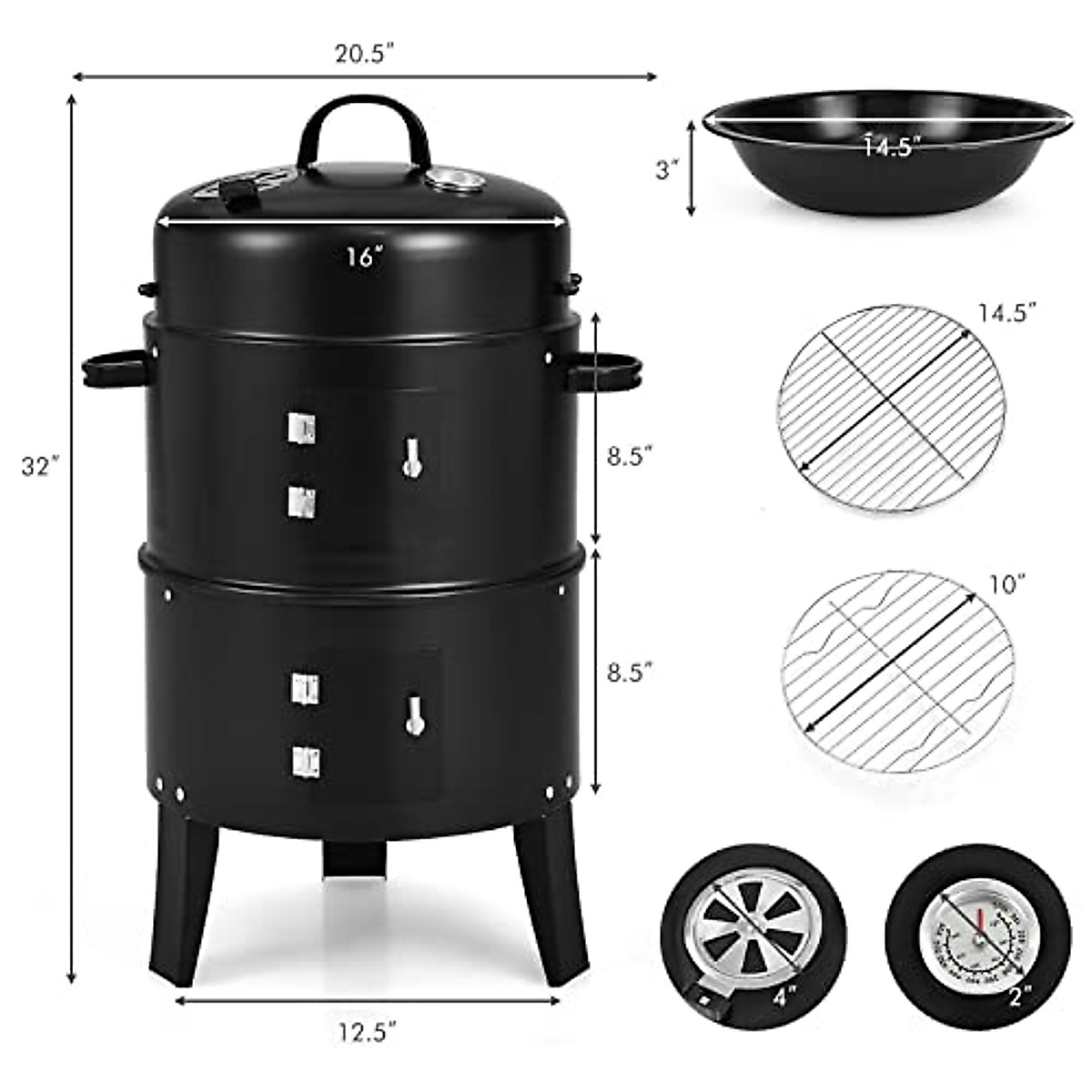 Smoker Grill，3-in-1 Outdoor Smokers, Charcoal Grills Cambo with Built-in Thermometer for BBQ