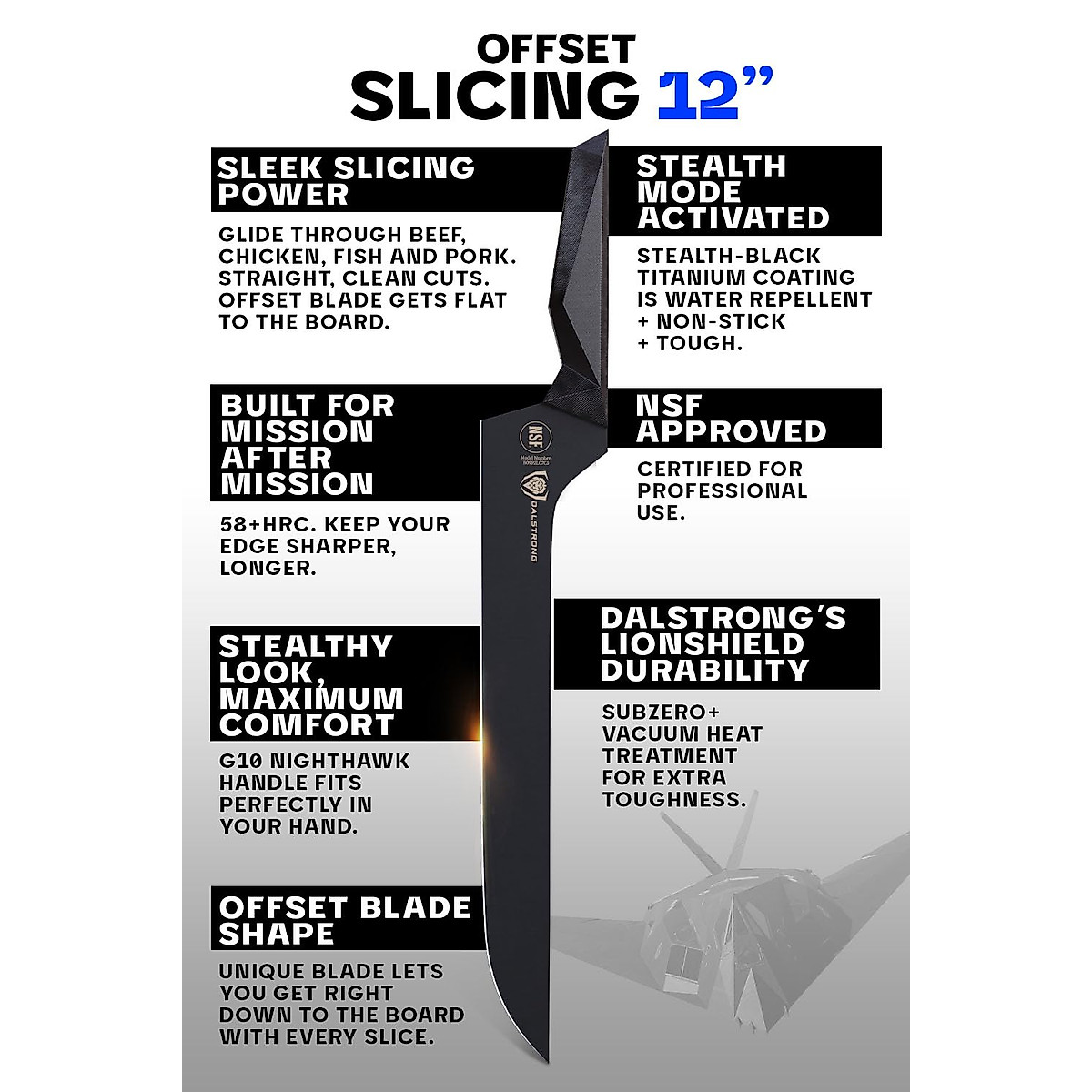 DALSTRONG Slicing Knife - 12 inch - Carving Offset Blade - Shadow Black Series - Black Titanium Nitride Coated - High Carbon 7CR17MOV-X Vacuum Treated Steel- Sheath - NSF Certified - Bread, Ham Slicer