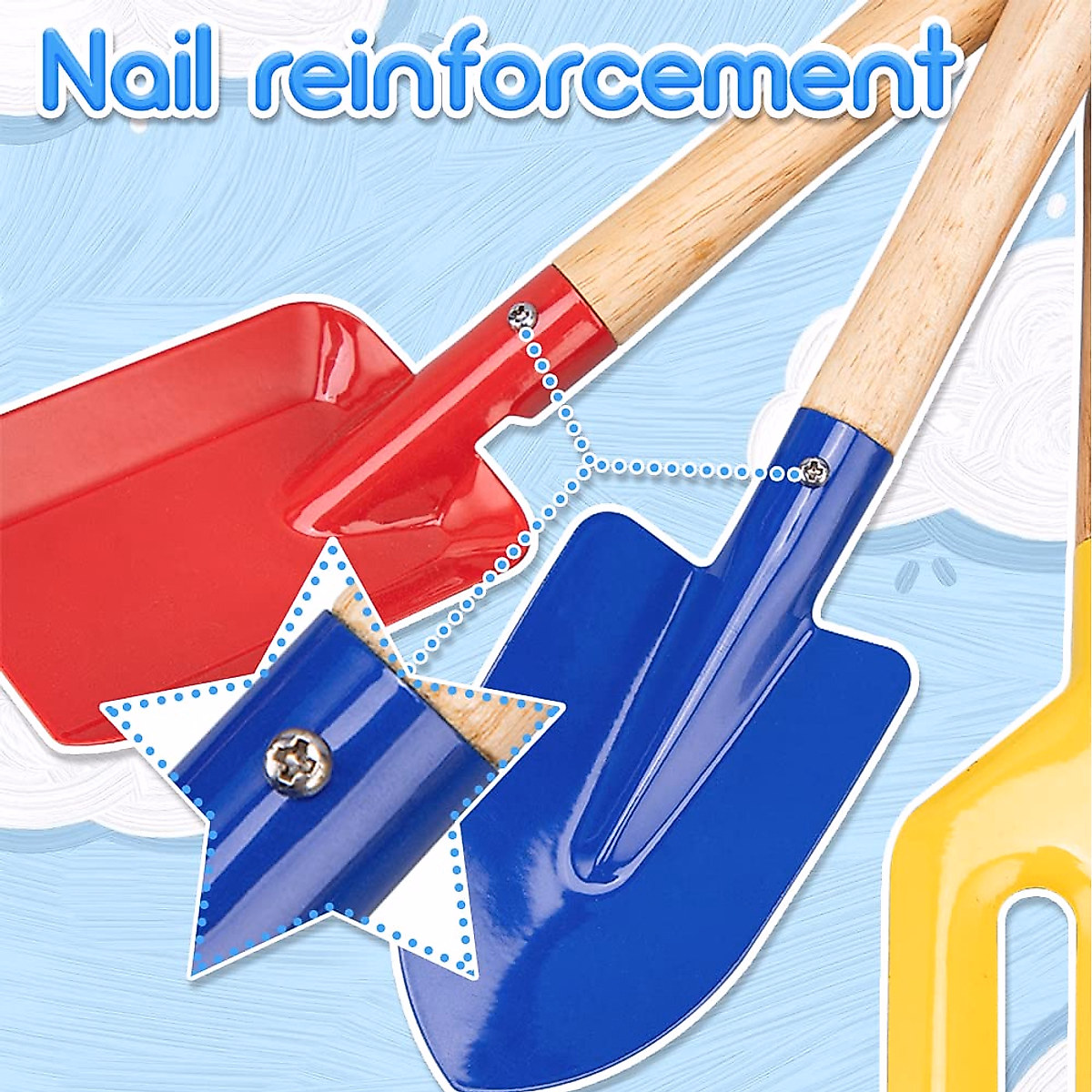 UMUACCAN 6 Piece Kids Beach Tools,Children Beach Sand Toys, Made of Metal with Sturdy Wooden Handle,Safe Beach Gardening Set,Spoon, Fork, Trowel, Rake & Shovel, Gifts for Kids