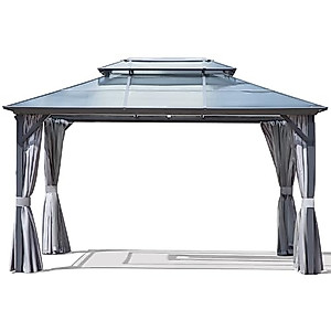 Joyside 10x13 ft Outdoor Hardtop Gazebo with Double-Tier Polycarbonate Roof, Aluminum Frame Gazebo with Netting and Curtain Included, Suitable for Lawn Backyard Patio