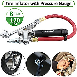 Spurtar 10-120 PSI Heavy Duty Tire Inflator Gauge Air Chuck with Pressure Gauge with 4 Way Tool and Valve Cores Tire Pressure Gauge with Inflator 12" Air Hose for Car Automotive Truck