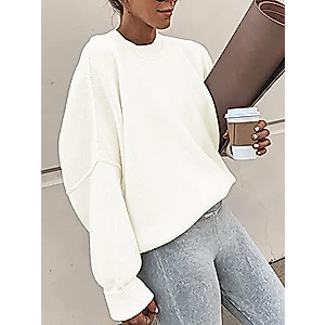 ANRABESS Women's Casual Long Sleeve Oversized Crew Neck Solid Color Side Slit Loose Warm Knit Pullover 2023 Fall Sweater Tops White A305baise-L