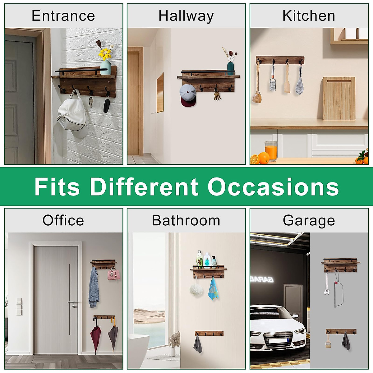 kansata Coat Rack Wall Mount with Shelf Storage Set of 2, Wood Coat Hooks Key Holder for Wall, Heavy Duty Wall Mounted Hooks for Hanging Hats, Purses, Caps, Clothes, Pants - 8 Hooks