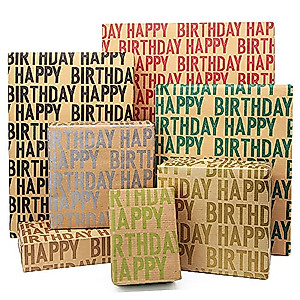 Happy Birthday Wrapping Paper For Men Boys Women Adults Kids Girls, Gift Wrapping Paper Recycled Multipack (7 Sheets,20 x 28 inches per sheet,27 Sq.ft. ttl,) W/ 10 Gift Tags Jute Twine Tape Stickers