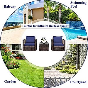 Tangkula 3 Pieces Patio Furniture Set, Outdoor Conversation Rattan Furniture Set w/Washable Cushion and Tempered Glass Tabletop, PE Rattan Wicker Sofa Set for Garden Poolside Balcony (Navy Blue)