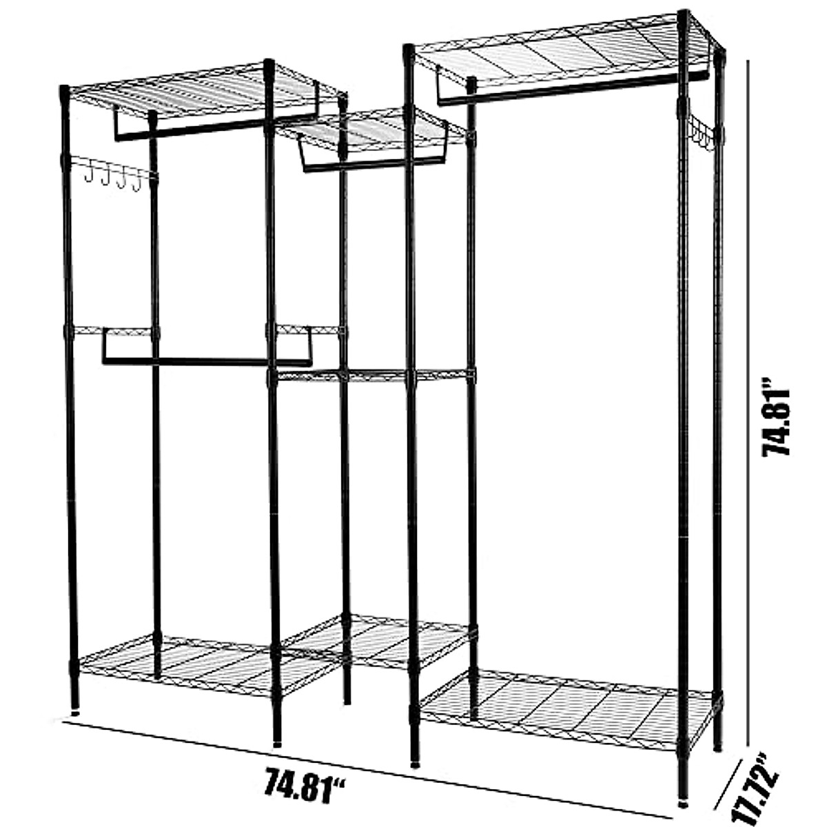 Homdox Free Standing Closet, Wire Shelving Clothing Rack Heavy Duty, with Side Hooks and Clothes Rods (Black)