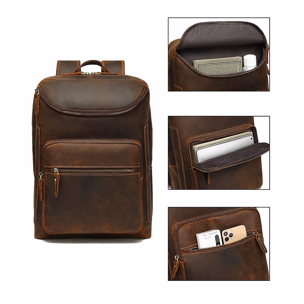 Lannsyne Vintage Genuine Leather 16" Laptop Backpack For Men Hiking Travel Bag Camping Rucksack