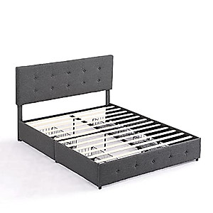 RHIZOME Queen Upholstered Platform Bed Frame with 4 Drawers Storage and Headboard Footboard, Mattress Foundation with Wooden Slats Support and No Box Spring Needed, Grey