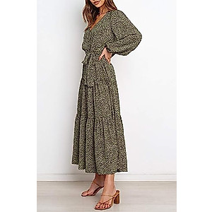 PRETTYGARDEN Women's Long Sleeve V Neck Leopard Print Ruffle Maxi Dress Tie Waist Boho Chiffon Flowy Long Dress (Green, Small)