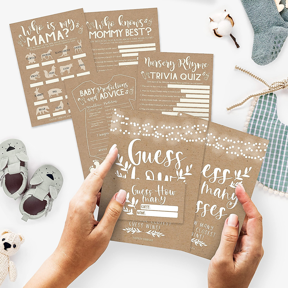 50 Rustic Who Knows Mommy Best, Baby Prediction and Advice Cards etc, 25 Guess How Many Cards - 6 Double Sided Cards Baby Shower Games Funny, How Many Kisses Game Baby Shower Decorations
