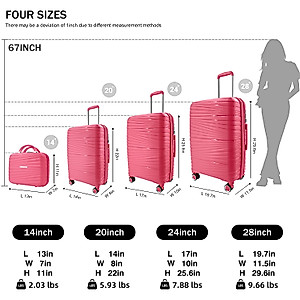 LEAVES KING Luggage 4 Piece Sets, Hard Shell Lightweight Carry on Expandable Suitcase with Spinner Wheels Travel Set for Men Women (14/20/24/28, Peach Pink)