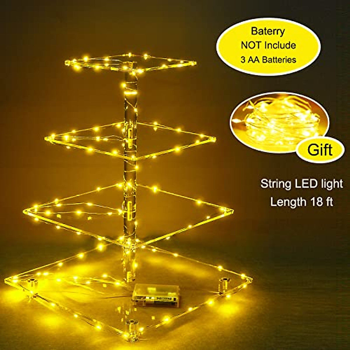 OLACHIKKO Cupcake Stand, Elegant Cupcake Holder with Brighter Yellow LED String Light, Clear 4-Tier Square Acrylic Cupcake Tower for Wedding, Birthday, Baby Shower, Party