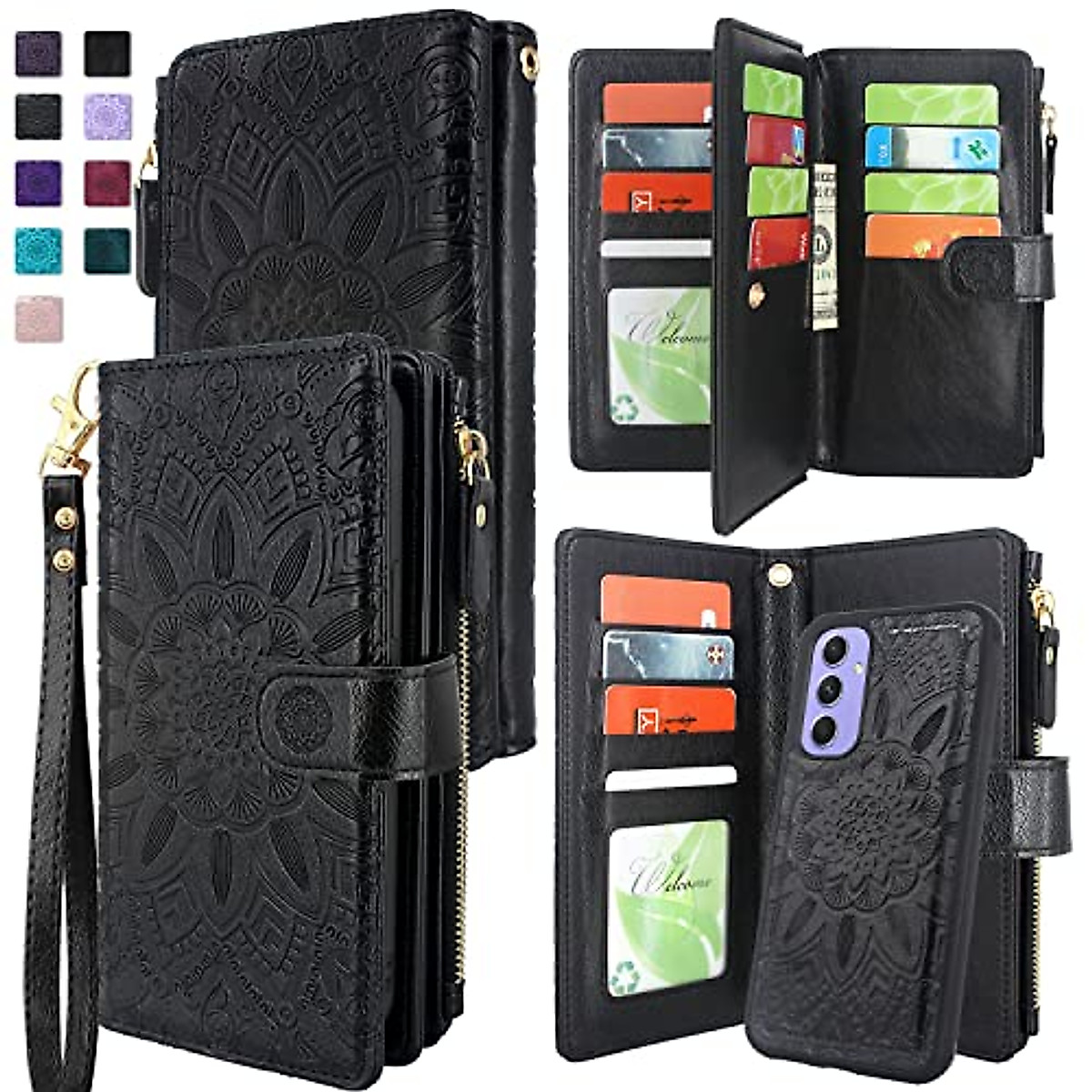 Harryshell Detachable Magnetic Case Zipper Wallet Leather Phone Cover with Cash Coin Pocket 12 Card Slots Holder Wrist Strap Lanyard for Samsung Galaxy A54 5G 2023 (Flower Black)