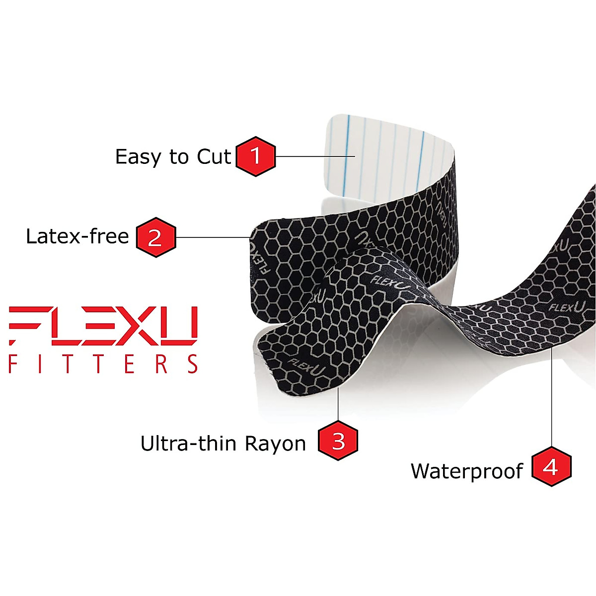 FlexU Kinesiology Tape - 60 2" x 10" Pre-Cut Strips for Lower Back, Knees, & Shoulders; Pain Relief & Support for Muscles & Joints, Shoulders, Knees & Back, Rheumatism, Gout, Osteoporosis (Black)