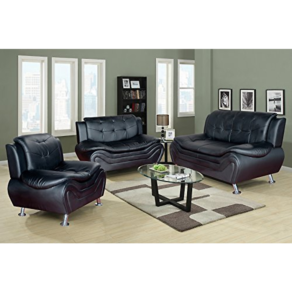 Beverly Fine Furniture 3 Piece Aldo Modern Sofa Set, BLACK