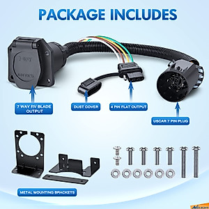 Nilight Dual Output Vehicle Side 7 Way RV Blade and 4Way Flat Wiring Harness Multi Tow 4Pin to 7Pin Electric Adapter for RVs Trucks Factory Tows Package USCAR 7Way Sockets Required