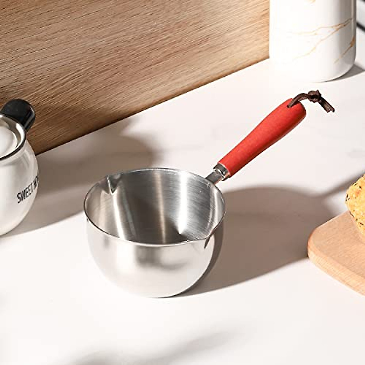 Butter Warmer Pot with Wooden Handle for Seafood, SUS304 Stainless Steel Milk Warmer for Coffee, Small Heating Cookware Soup Wamer Pan 4.13Inch 300ml (300ml-SUS304)
