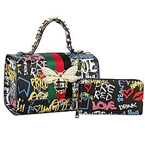 Designer Black Graffiti Satchel Bag Set