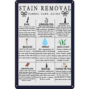 Funny Laundry Stain Removal Fabric Care Guide Tin Sign Metal Wall Decor Laundry Sign for Home Laundry Room Decor Gifts 5.5x8 Inch