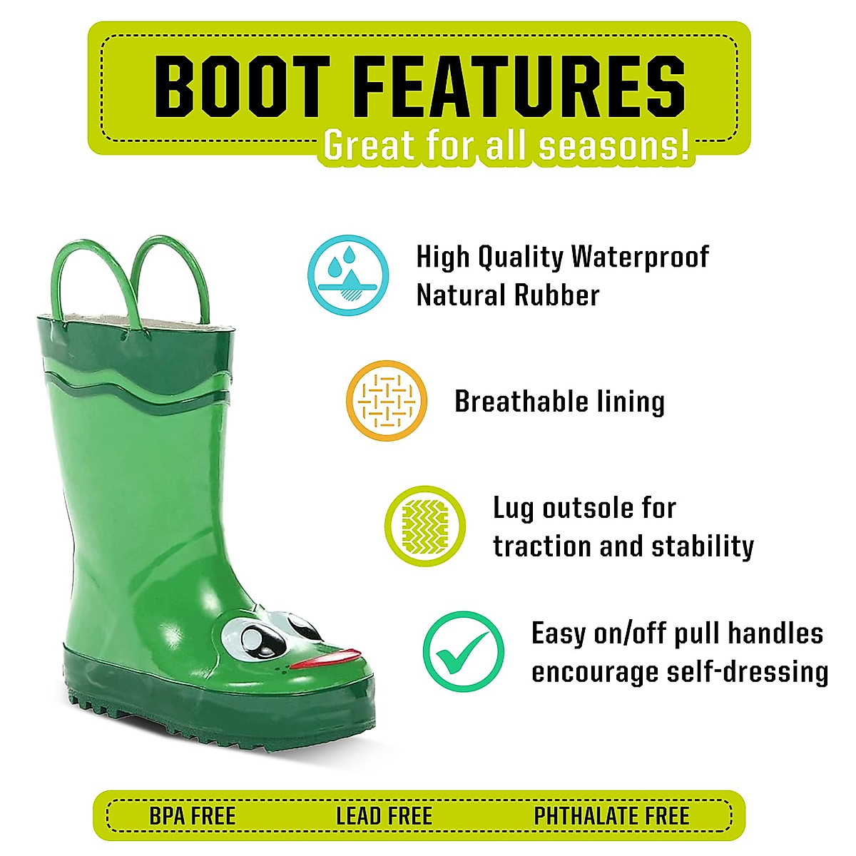 Western Chief Boys Waterproof Printed Rain Boot with Easy Pull on Handles - Fritz the Frog, 4 M US Big Kid