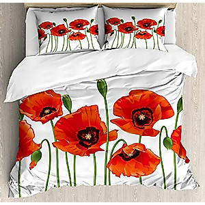 Ambesonne Floral Duvet Cover Set, Poppies of Spring Season Pastoral Flowers Botany Bouquet Field Nature Theme Art, Decorative 3 Piece Bedding Set with 2 Pillow Shams, Queen Size, Red and Green
