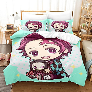 DAIRUINI Anime Demon Slayer Bedding Queen Size Bed Set 3pcs Bedroom Duvet Cover Set for Teens Boys Girls 1 Quilt Cover + 2 Pillowcases(No Comforter),DA-229,Queen:90"x90"/229 * 229cm