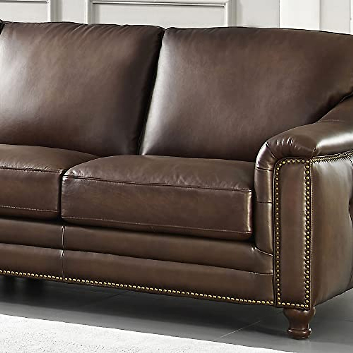 Hydeline Belfast Top Grain Leather Symmertrical Sectional, Caramel Brown, Feather Down, Memory Foam and Springs Seating