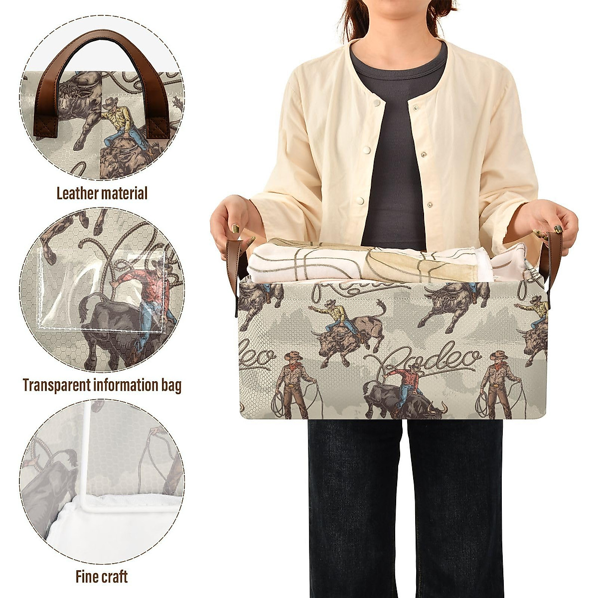 SLHKPNS Collapsible Storage Bins with Handles Cowboys Rodeo Storage Baskets for Shelves and Closet with Metal Frame Organizer Bins for Clothing,1PC,16.9"x11.4"x7.7", Wild West