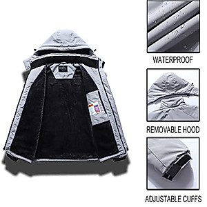 Pooluly Men's Ski Jacket Warm Winter Waterproof Windbreaker Hooded Raincoat Snowboarding Jackets Light Gray-2XL