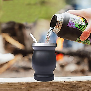 Beruth Bombilla Yerba Mate Gourd, 8oz Stainless Steel Tea Cup Set with a Multifunctional Lid, Two Straws and Cleaning Brushes, Double Walled Coffee Mug Heat Insulation Anti Scalding BR2302 (Black)