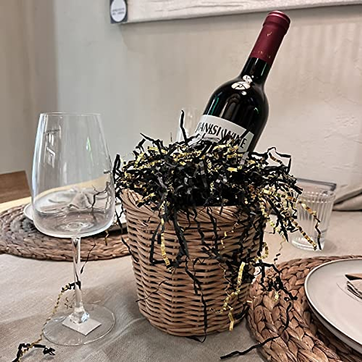 Crinkle Cut Paper Shred Filler (1/2 LB) for Valentine's Day Gifts Craft DIY's Packaging, Black & Gold Shredded paper for Gift Box, Wrapping & Basket Filling for Christmas, Halloween & Wedding Decorations (Black & Gold）