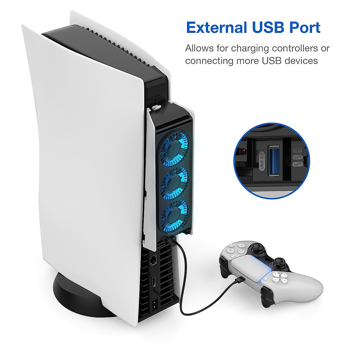 PS5 Cooling Fan, MEQI PS5 Accessories Upgraded Quiet Cooler Fan with LED Light & USB 3.0 Hubs, Efficient Cooling Station for Playstation 5 Disc/Digital Edition