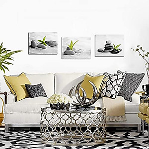 Biuteawal 3 Piece Zen Canvas Wall Art for Bathroom Decor Zen Stone with Green Plant Picture Print Peaceful Still Life Artwork Painting Modern Home Bedroom Meditation Room Spa Room Decoration