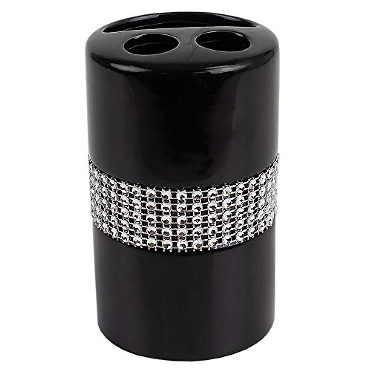 Crystal-Trimmed 4-Piece Ceramic Bathroom Set (Black), Chic Design Bathroom Accessory Set Bath Accessories For Bathroom Includes Soap Dish, Tumbler, Toothbrush Holder, and Lotion Dispenser