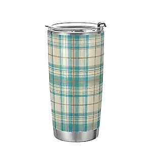Green and White Check Stainless Steel straw, vacuum insulated water bottle with Lid and Straw travel coffee mug with lid for Home, Office or Car simply modern flip straw tumbler vaso para agua