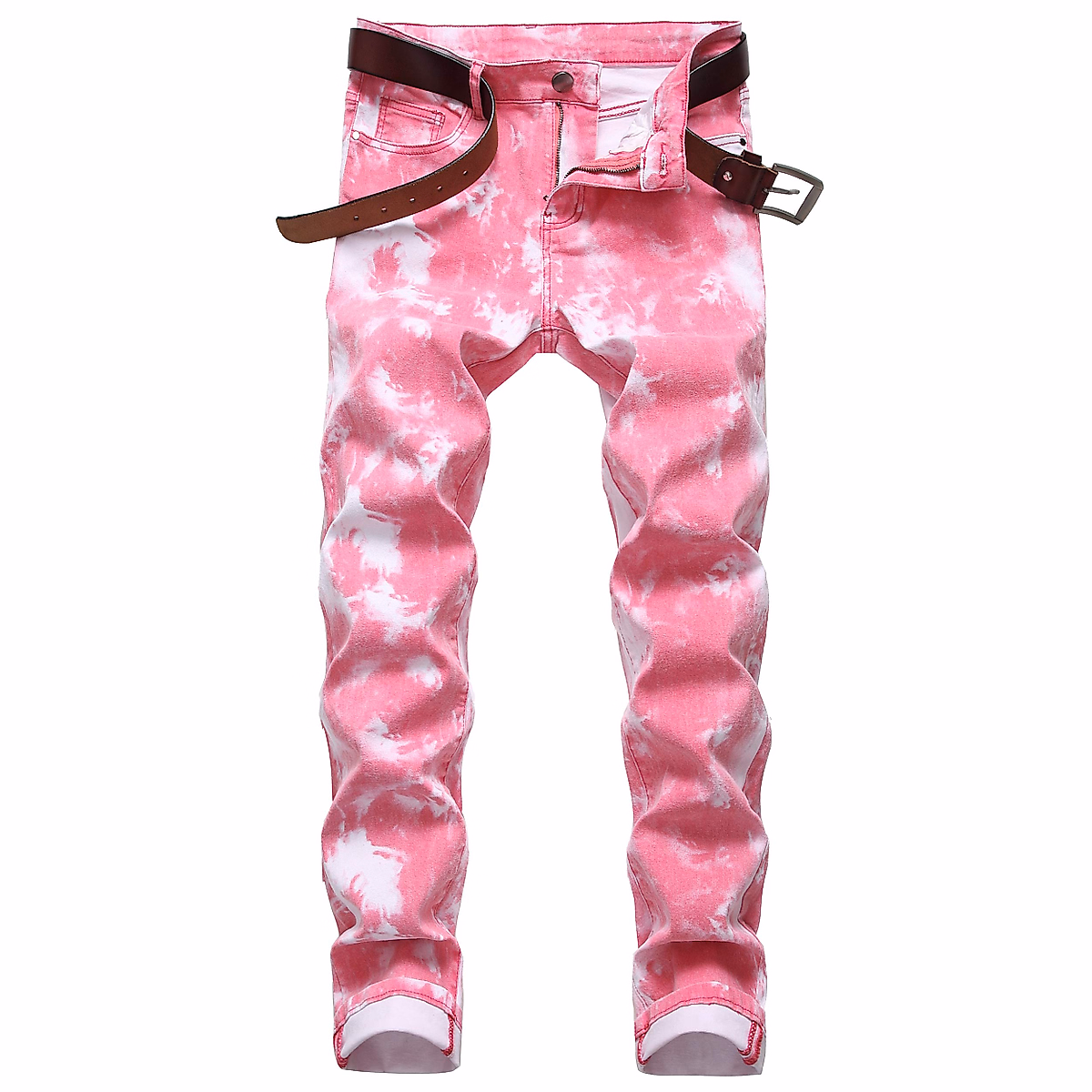 DANT BULUN Men's Fashion Casual Printed Jeans Stretch Skinny Denim Pants(W32,Pink)