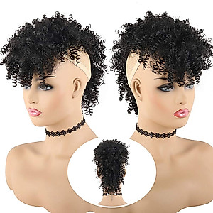 KRSI Afro High Puff Hair Bun Ponytail Drawstring With Bangs Synthetic Jerry Curly Mohawk Kinkys Curly Fauxhawks Pony Tail Clip in on Ponytails for Women Hair Extensions with six Clips(Black)