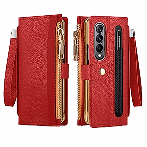EAXER Design for Samsung Galaxy Z Fold 3 5G Case, Zipper PU Leather Wallet Case Stand Cover Strap Wallet Flip Phone Case Cover (Red)