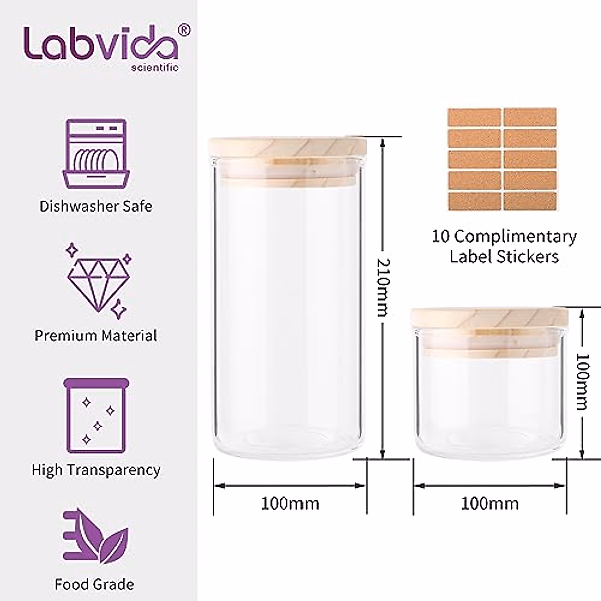 Labvida 4pcs Glass Food Storage Jars 21.3/47.7oz-2/2pcs Food Containers with Airtight Pine Lids, for Pasta, Cookies, Nuts, Coffee Beans, Cereal, Glass Canisters for Kitchen, Pantry,LVAG007